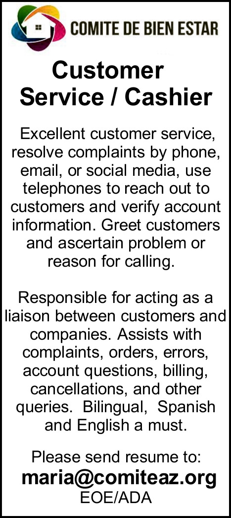 Customer Service / Cashier, Comite de Bien Estar