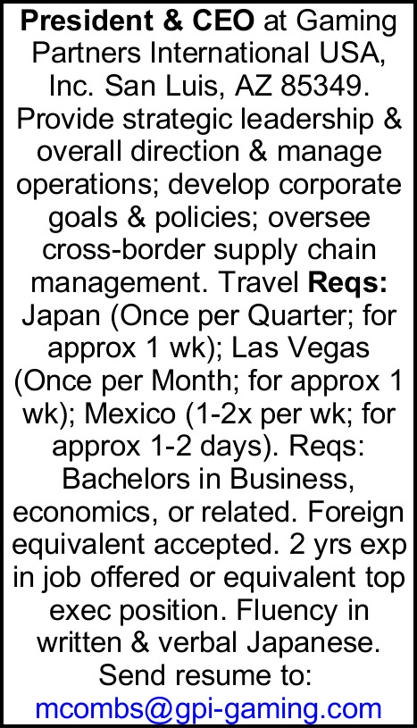 President & CEO, Gaming Partners International USA, Inc