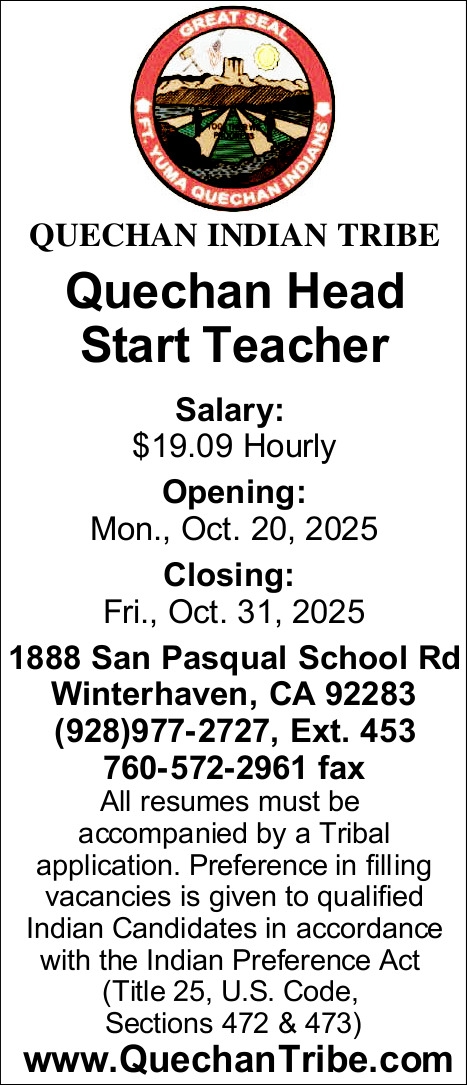 Head Start Teacher, Quechan Indian Tribe, Winterhaven, CA